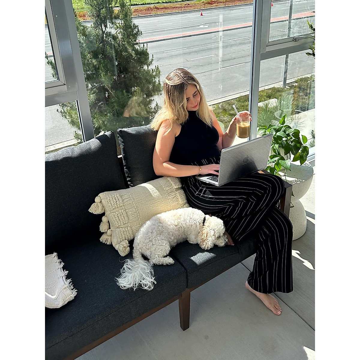 Nathan James Freya Bohemian Wood Loveseat, Upholstered Loveseat Sofa for Patio, Solid Acacia Wood Frame, Dark Acacia