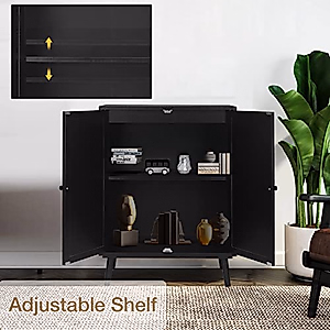 QHITTY Rattan Sideboard Buffet Cabinet, Accent Kitchen Storage Cabinet Console Table with Adjustable Shelves for Living Room, Dining Room, Bedroom (Black)
