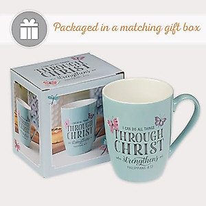 Christian Art Gifts Ceramic Coffee Mug for Women 12 oz Light Blue with Butterflies Inspirational Coffee Cup - All Things Through Christ - Philippians 4:13Novelty Microwave and Dishwasher Safe