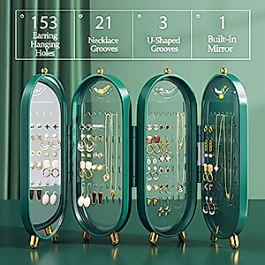 Collapsible Earring Holder Jewelry Organizer Box with Mirror, Earring Necklace Jewelry Box Organizer Necklace Holder for for Women and Girls, Small Jewelry Organizer Box, Gifts for Girl (Green)