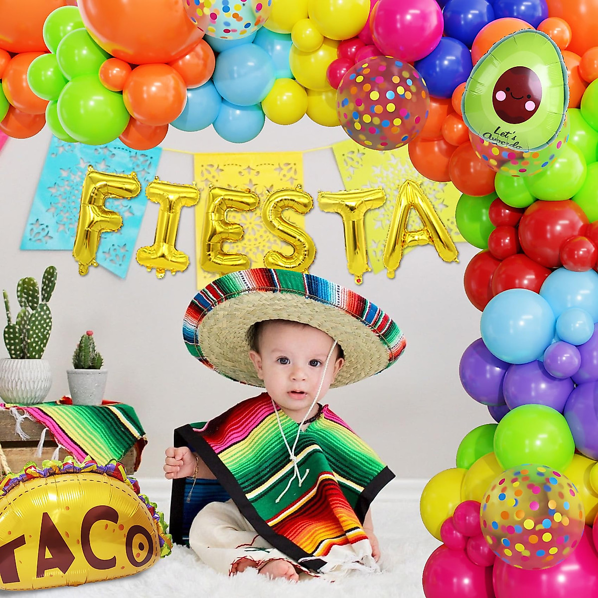 Ouddy Life 121Pcs Mexican Fiesta Taco Party Decorations, Fiesta Balloon Arch Garland Kit Cinco De Mayo Decor with Cactus Avocado Taco Mexican Hat for Carnival Festival Birthday Baby Shower Supplies