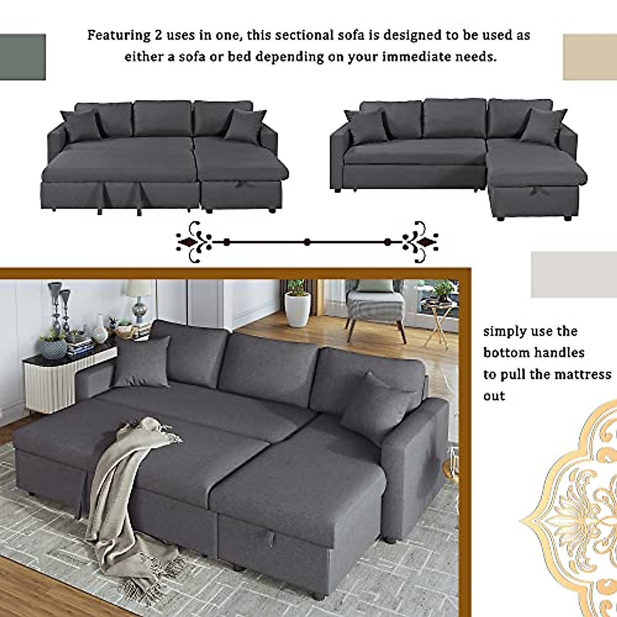 RUNWON 87" L-Shaped Sectional Sofa Bed Sleeper Couch with 2 Tossing Pillows,Storage Loung Chaise for Living Room Furniture, Grey