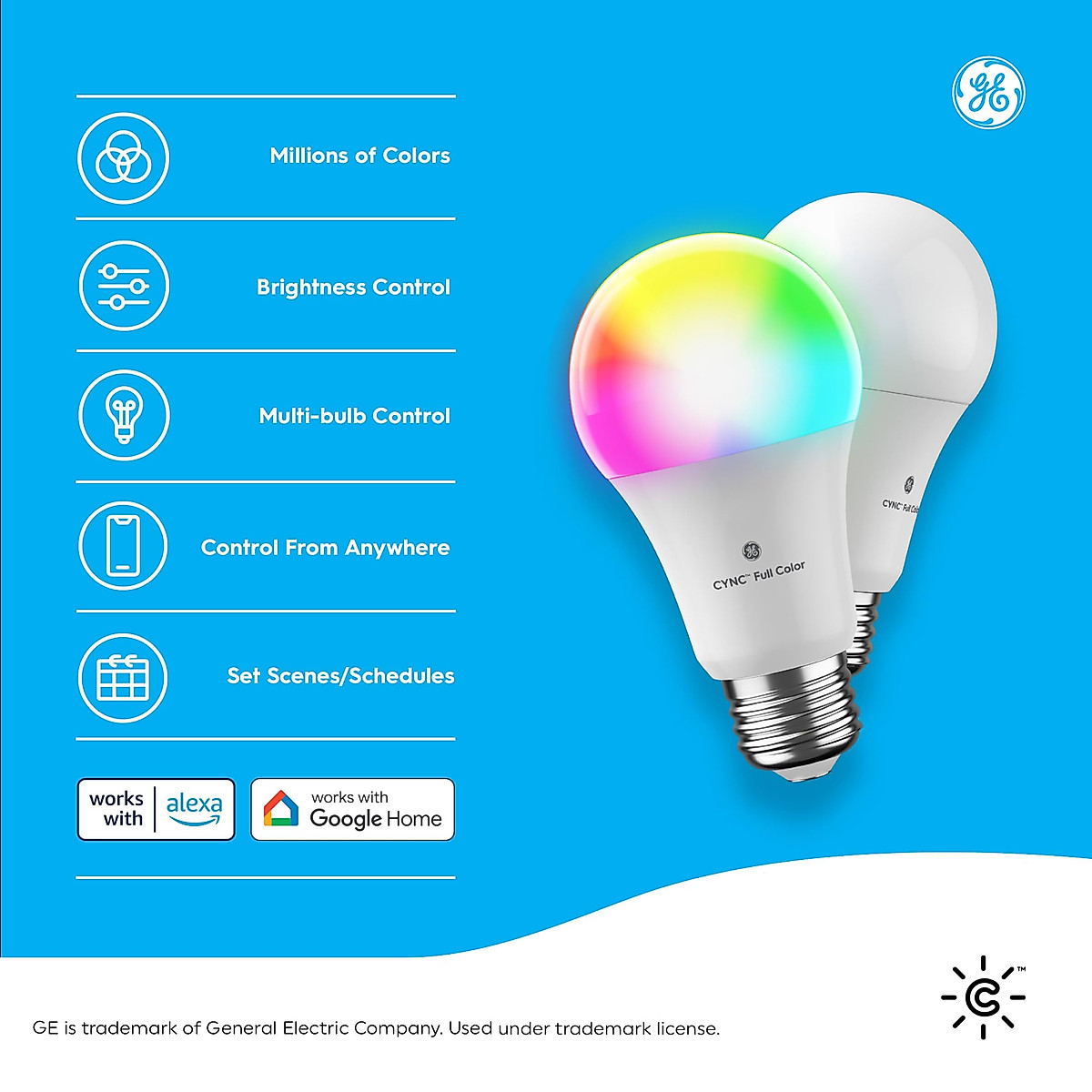 GE CYNC Smart LED Light Bulbs, Color Changing Lights, Bluetooth and Wi-Fi Lights, Works with Alexa and Google Home, A19 Light Bulbs, 2 count (Pack of 1)