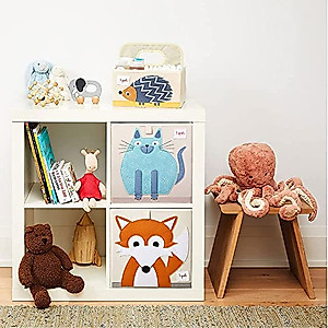 3 Sprouts Large 13 Inch Square Children's Foldable Fabric Storage Cube Organizer Box Soft Toy Bin 2 Piece Bundle with Blue Cat and Orange Fox Designs