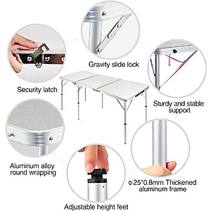 RedSwing Tri-fold 6ft Folding Table, Aluminum Outdoor Table with Adjustable Heights Legs, Portable Lightweight Camping Table for Picnic, Party, Beach, 72"x24", White