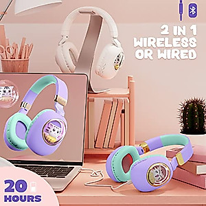 QearFun Kids Bluetooth Headphones with Mic, Led Light Up Cat Over Ear Wireless Headphones for iPad/Tablet/PC/School, Birthday Gifts for Girls/Kids/Toddler (Purple)