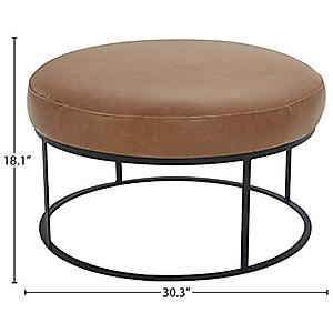 Amazon Brand – Rivet Revere Round Leather Iron-Framed Ottoman, 30.3"W, Cognac
