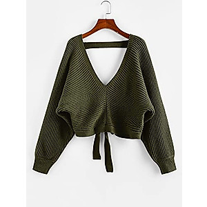 ZAFUL Women's Ripped Solid V Neck Ribbed Knitted Jumper Loose Sweater Long Sleeves Wrap Cropped Pullovers Top