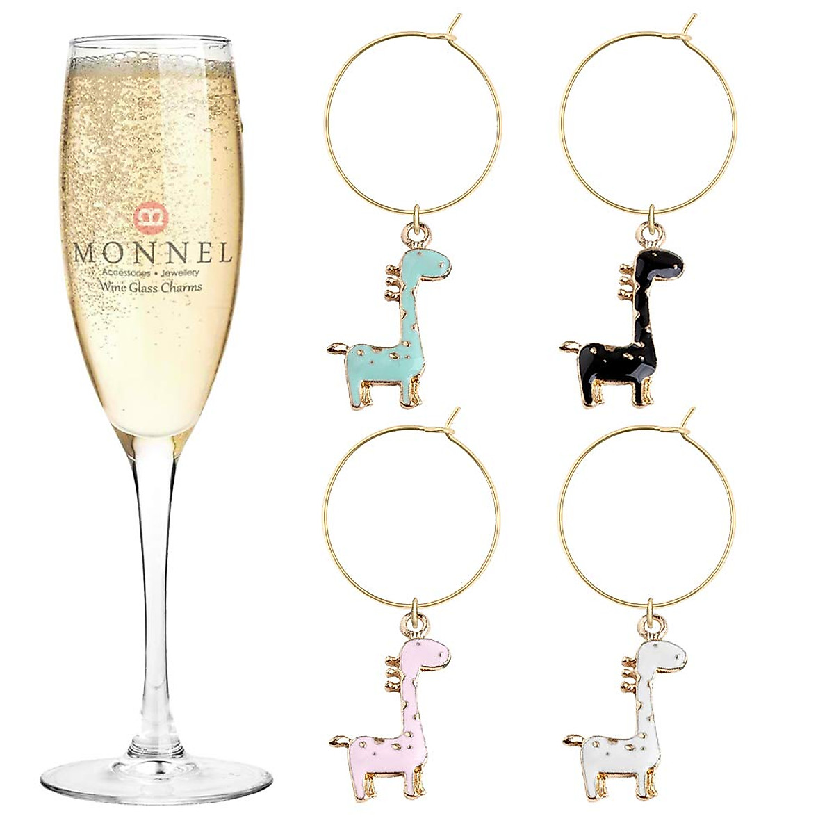 P426 Assorted Little Giraffes Wine Charms Glass Marker for Party with Velvet Bag- Set of 4