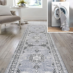 JONATHAN Y WSH201A-28 Bausch Bohemian Distressed Chenille Machine-Washable Runner Rug, Classic, Mediterranean, Rustic for Living Room, Dining Room, Bedroom, Kitchen, Gray/White, 2 X 8