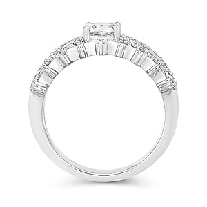 Jewelili Enchanted Disney Fine Jewelry Sterling Silver 5x5 MM Cushion Shape White Topaz and 1/3 Cttw Natural White Round Diamond Majestic Princess Engagement Ring, Size 8