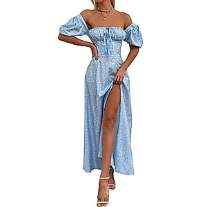Women's Summer Puff Sleeve Floral Split Maxi Dress Flowy A Line Casual Beach Long Dresses-SkyBlue-XL