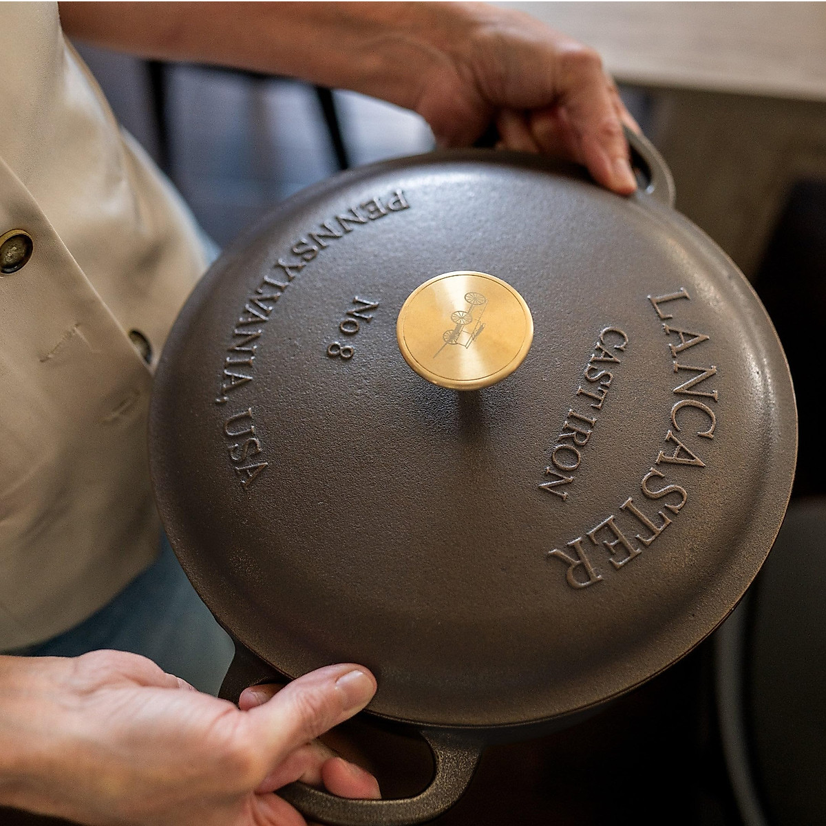 Lancaster Cast Iron 5 Qt. Dutch Oven - Made in the USA - Smooth cooking surface - Self Basting Lid with a solid Brass Knob