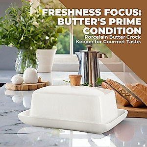 Flexzion Ceramic White European Butter Dish with Lid for Countertop (7 Inch) - Wide 2 Stick Double Butter Holder for Counter, Cream Cheese Container Storage Keeper