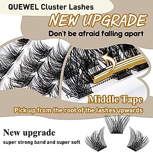 QUEWEL Cluster Lashes 72 Pcs Wide Stem Individual Lashes C/D Curl 8-16mm Length + Lash Bond And Seal, Lash Cluster Glue For DIY Eyelash Extensions