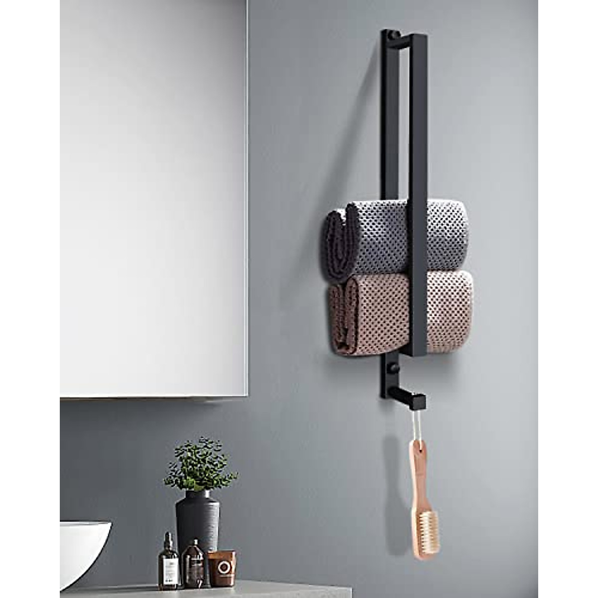 LIVEHITOP 2PCS Towel Rail, Wall Mounted Hand Towel Rack Bar with Rod Hook Aluminum Stainless Steel Matte Black 16.9 Inch for Bathroom Kitchen (Drilling/NO Drilling)