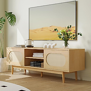 VOWNER Farmhouse Rattan TV Stand for 55/60/65 inch TV, Modern Entertainment Center with Natural Rattan Door and 2 Open Shelves, TV Console Table for Living Room, Wood Color