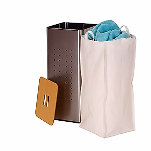 Household Essentials 7080-1 Square Metal Laundry Hamper -Removable Liner Bag and Wood Lid - Stainless Steel