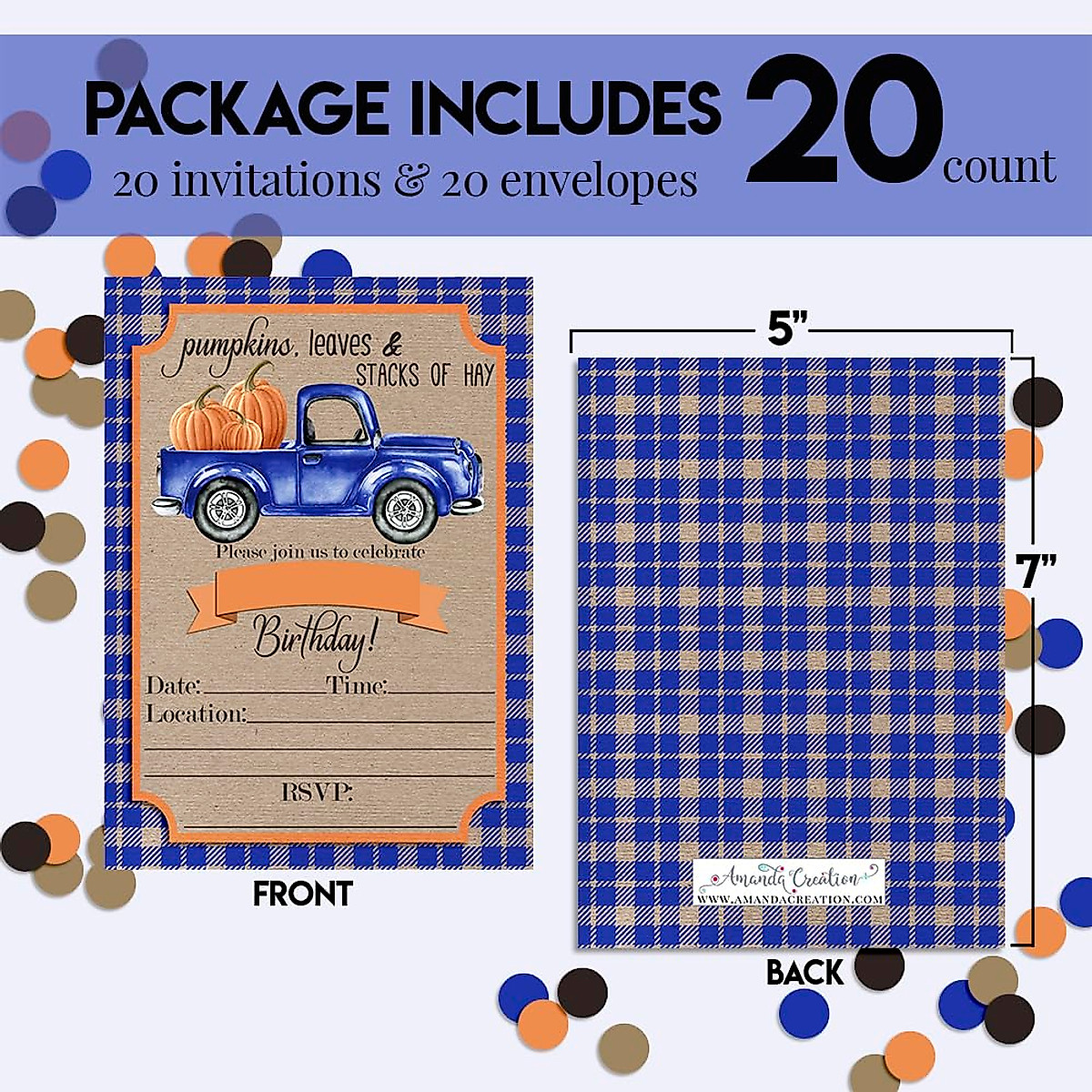 Blue Watercolor Pickup Truck Full of Pumpkins Fall & Autumn Birthday Party Invitations, 20 5x7 Fill In Cards with Twenty White Envelopes by AmandaCreation