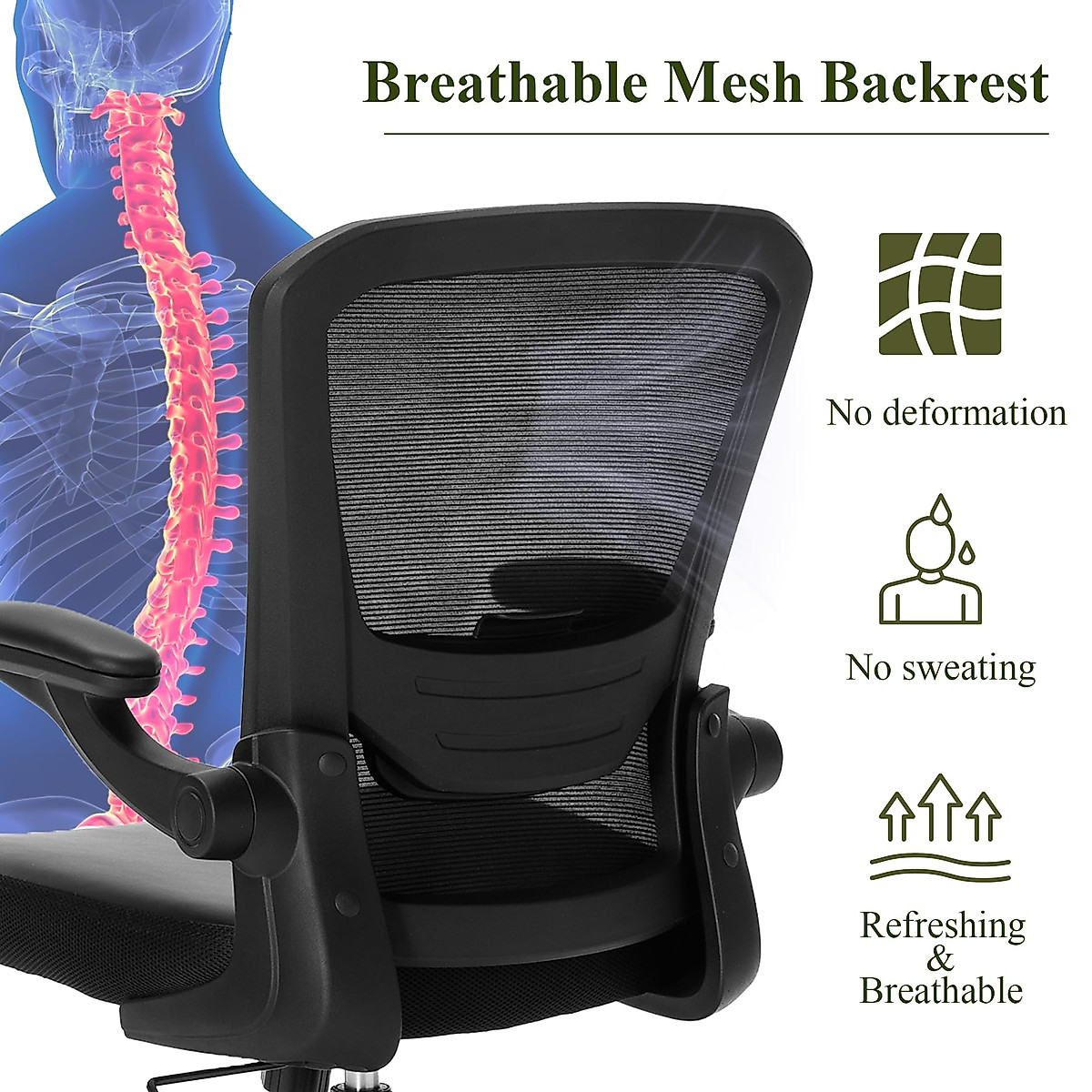 TOPBSHODC Office Chair Ergonomic Mesh PU Leather Desk Chair,Executive Computer Chair with Lumbar Support Flip up Arm,Swivel Rolling Home Office Chair with Adjustable Height,Black Task Chair with Wheel