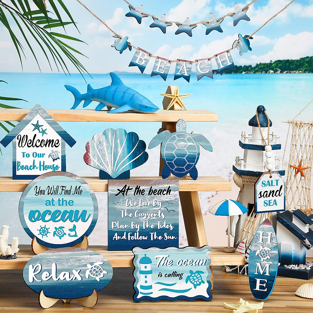 Maitys 21-Piece Hello Summer Beach Tiered Tray Decor Set - Wooden Sea Turtle Tabletop Items - Graduation & Summer Party Decoration