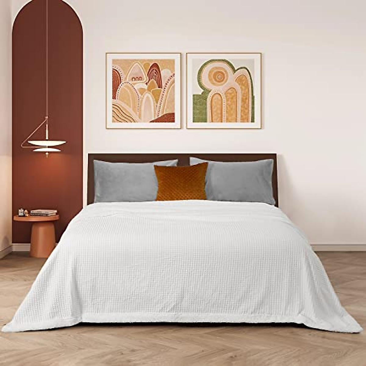 PHF Waffle Sherpa Blanket King Size, Luxury Warm Plush Flannel Blanket for Winter, No Shed No Pilling Cozy Soft Waffle Weave Fleece Blanket for Bed and Couch, White, 104x90 Inches