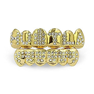 TOPGRILLZ Joker Costume 18K Gold Plated Hip Hop Iced Out Hustla Top and Bottom Face Grills for Your Teeth(Hustla)