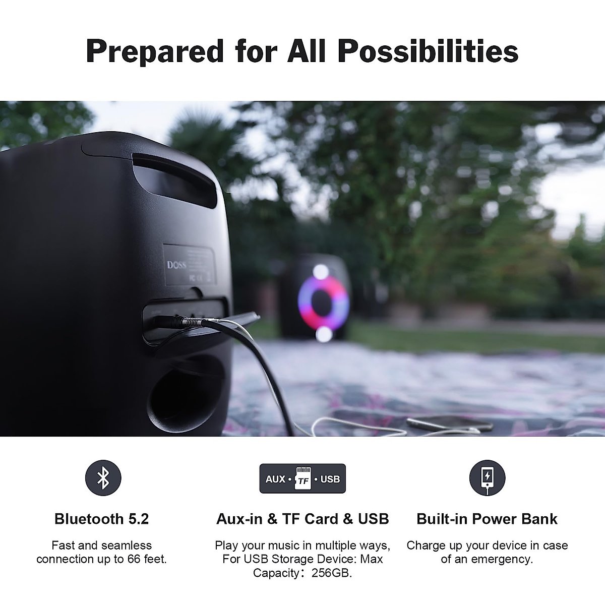 DOSS Outdoor Bluetooth Speaker with Subwoofer, 60W Powerful Sound, Rich Bass, Dual DSP, Mixed Colors Lights, PartySync, Mic and Guitar Inputs, Karaoke Machine for Backyard and Poolside Party