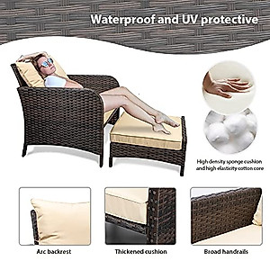 LEVELEVE Balcony Furniture 5 Piece Patio Conversation Set, PE Wicker Rattan Outdoor Lounge Chairs with Soft Cushions 2 Ottoman&Glass Table for Porch, Lawn-Brown Wicker