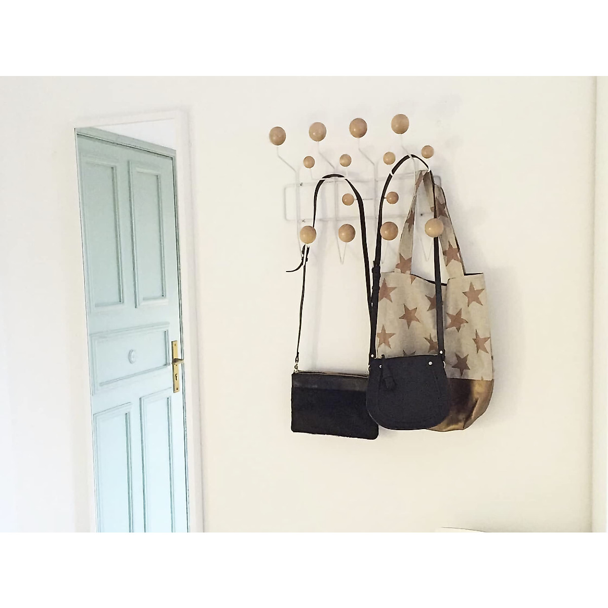 SHISEDECO Classic Hang it All Coat Rack, Mid Century Modern Wall Mounted Coat Hooks with Painted Solid Wooden Balls(Multi Colors Available) (White Frame Natural)