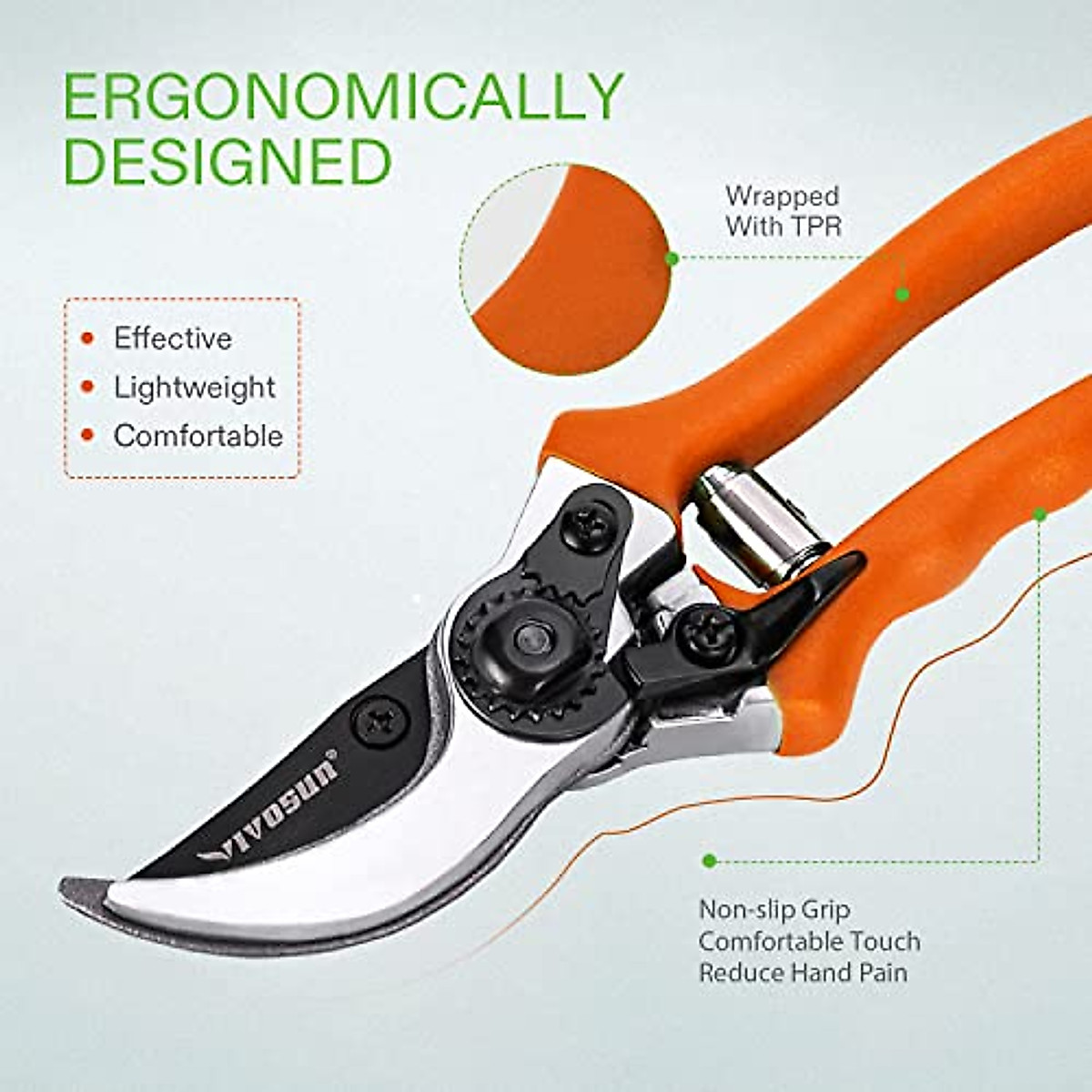 VIVOSUN 8” Premium Bypass Pruning Shears, Strong Garden Clippers, Durable Hand Pruner, Tree Trimmers for Bushes, Stems, and Flowers, Orange