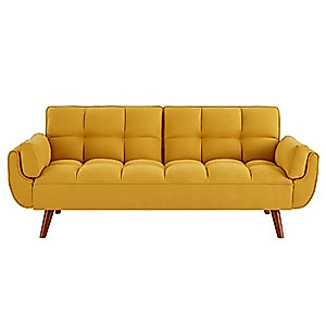 Verfur Futon Sofa Bed Modern Linen Fabric Couch Convertible Folding Recliner Loveseat for Living Room with 2 Arm Pillows and Strudy Wood Legs, Yellow