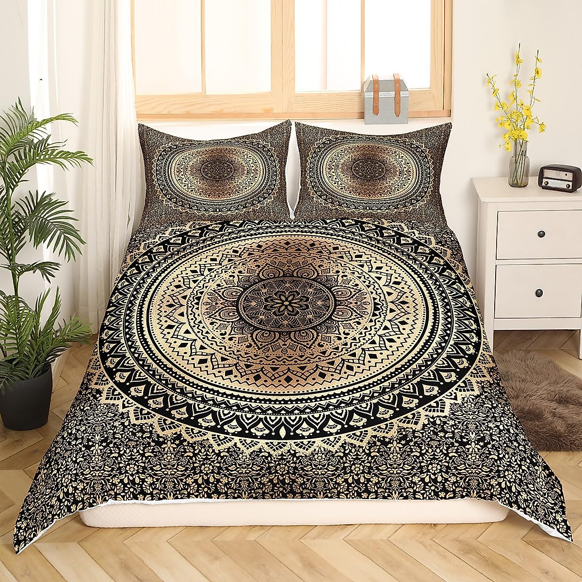 Castle Fairy Brown Black Mandala Bedding Set King Size,Boho Trippy Duvet Cover Set for Kid Teen Boys Girls,Bohemian Art Comforter Cover Decorative Room,Indian Hippie Quilt Cover with 2 Pillowcases