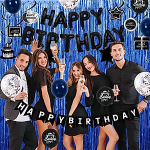 Blue Black Happy Birthday Decorations for Men Women Boys, Happy Birthday Banner, Fringe Curtain, Beer Balloons, Tablecloth, Hanging Swirls for 13th 16th 18th 21st 30th 40th 50th 60th Party Supplies