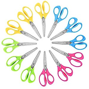 KUONIIY 5" Left-Handed Kids Scissors with Soft comfort-Grip Handles ,Assorted Colors ,12 Pack