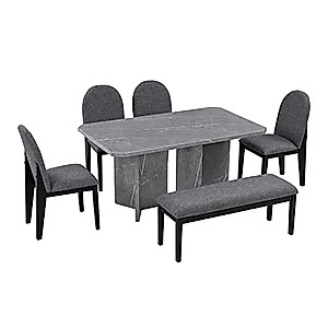 Lifeand 6-Piece Modern Style Set with Faux Marble Table and 4 Upholstered Dining Chairs & 1 Bench,Gray, Grey