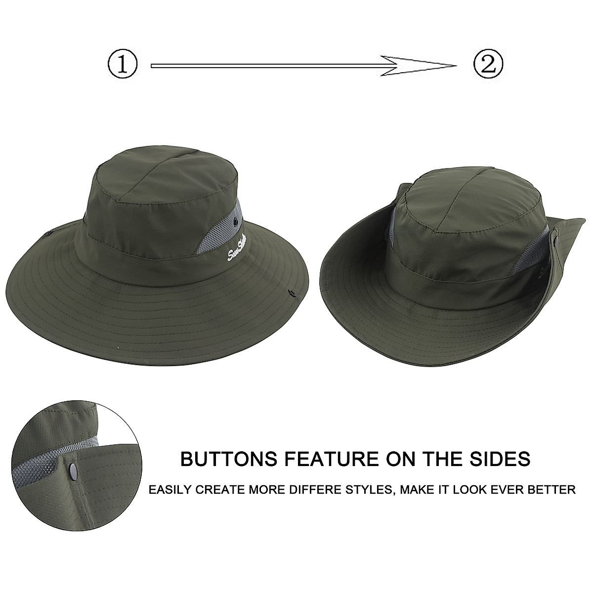 Women Ponytail Summer Sun Hat Wide Brim UV Hats Floppy Bucket Cap for Safari Beach Fishing Gardening Army Green