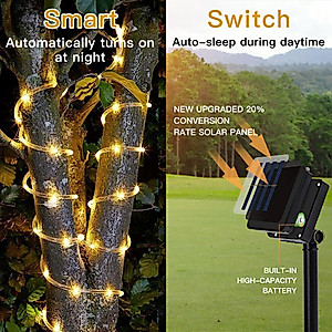 Eueasy 130 LED 42.7ft Solar Rope Lights for Outside with Waterproof PVC Tube,Solar String Lights,Outdoor Decor for Garden, Patio, Fence, Deck, Sidewalk, and Pathway in Warm White