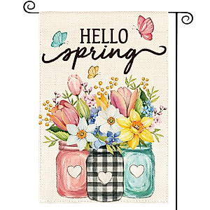 AVOIN colorlife Hello Spring Garden Flag 12x18 Inch Double Sided Outside, Floral Mason Jar Holiday Yard Outdoor Flag