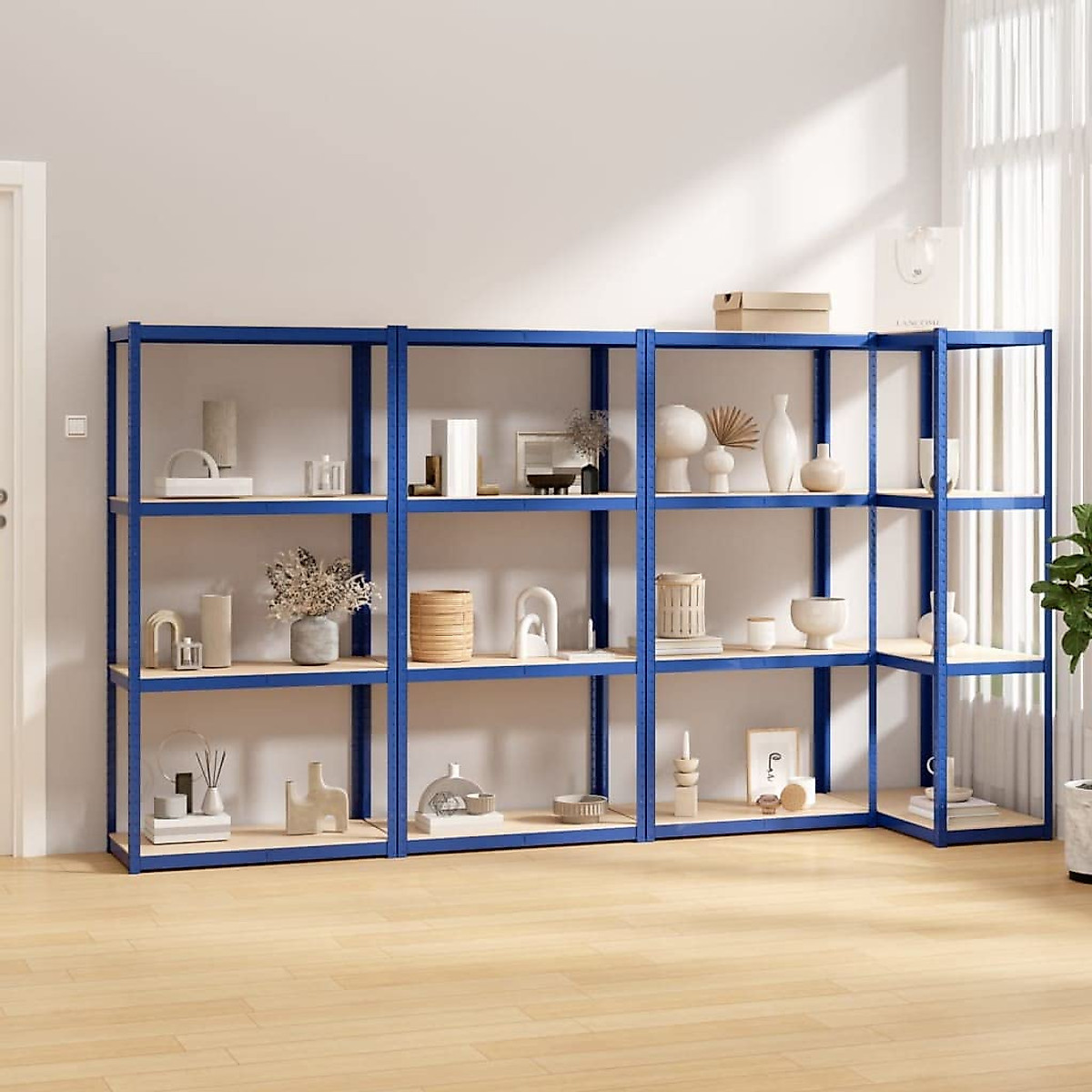 vidaXL 4X 4-Layer Shelves Business Workshop Height-Adjustable Shelf Storage Industrial Shelving Rack Blue Steel and Engineered Wood