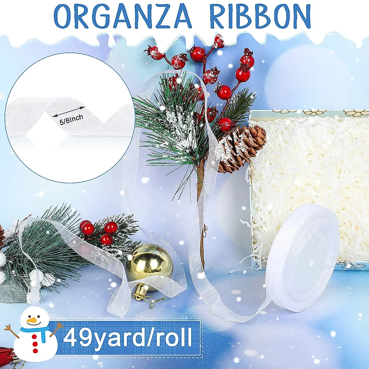 WILLBOND 98 Yards 5/8 Inch White Sheer Organza Ribbon for Gifts Wrapping Organza Satin Chiffon Ribbon for Wedding Bouquet, Decoration, Craft