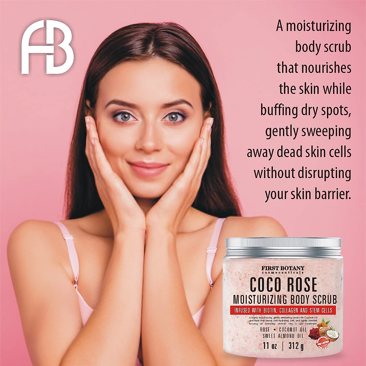 First Botany, Coconut Rose Body Scrub Exfoliator with Biotin, Collagen Stem Cells, Natural Exfoliating Salt Scrub Body & Face Souffle help Moisturizing Skin Acne, Cellulite, Skin Scar, Wrinkles 11 oz