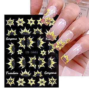 5D Engraved Sunflower Nail Art Stickers Decals Yellow Lotus Flower Acrylic Embossed Sliders Nail Art Supplies Summer Nail Stickers Manicure Decoration for Women Girls Nails Painting Charms Accessories