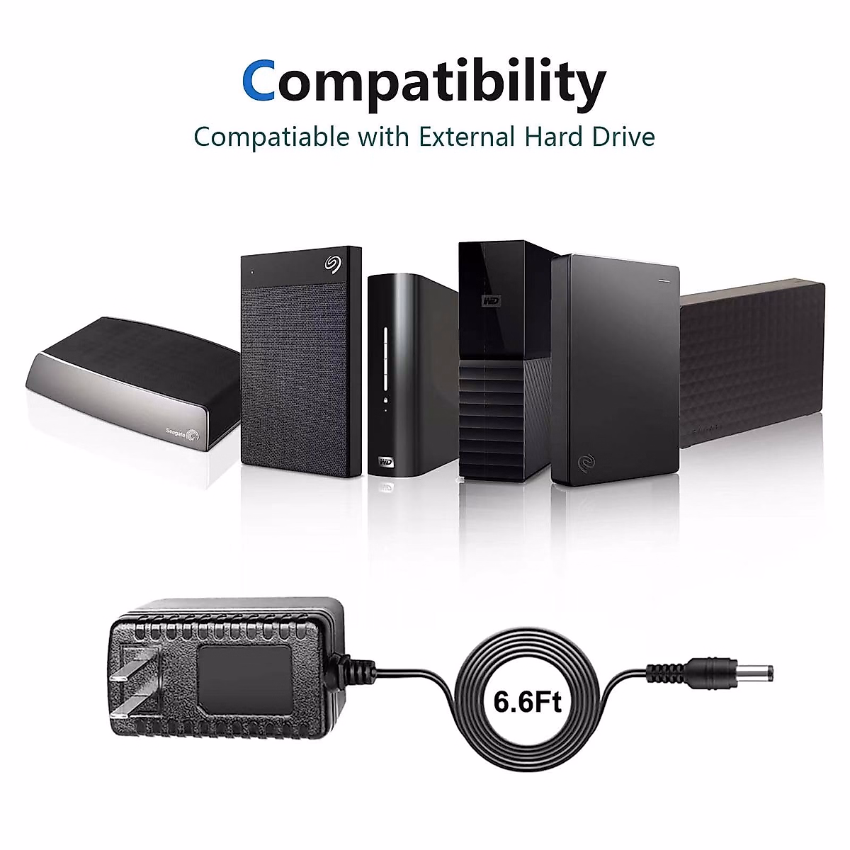 12V AC/DC Charger Power Supply Compatible for Seagate Hard Drive, Freeagent Goflex, WD Western Digital My Book External Hard Drive Adapter Power Cord