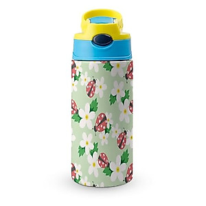 Kids Water Bottle with Straw Lid Small Flower with Ladybug Print 12 Oz/350 Ml Stainless Steel Reusable Thermos Bottles
