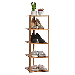 MoNiBloom 5 Tier Shoe Rack, Bamboo Narrow Single Pairs Shoe Storage Space Saving Ventilated Shoe Organizer for Small Spaces Corner Hallway Entryway, Brown