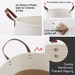 OIAHOMY Laundry Basket- Rope Basket Large Storage Basket with Handles,Modern Decorative Woven Basket for Living Room,Storage Baskets for Toys, Throws, Pillows,and Towels -18" 18"×15"-White&Yellow