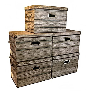 KB X-Large Extra Large Collapsible Fabric Storage Bin with Lid, Foldable Storage Basket, Stackable Box Organizer Container for Closet, Office, Bedroom, Living Room (Set of 5 Bins, Reclaimed Wood)