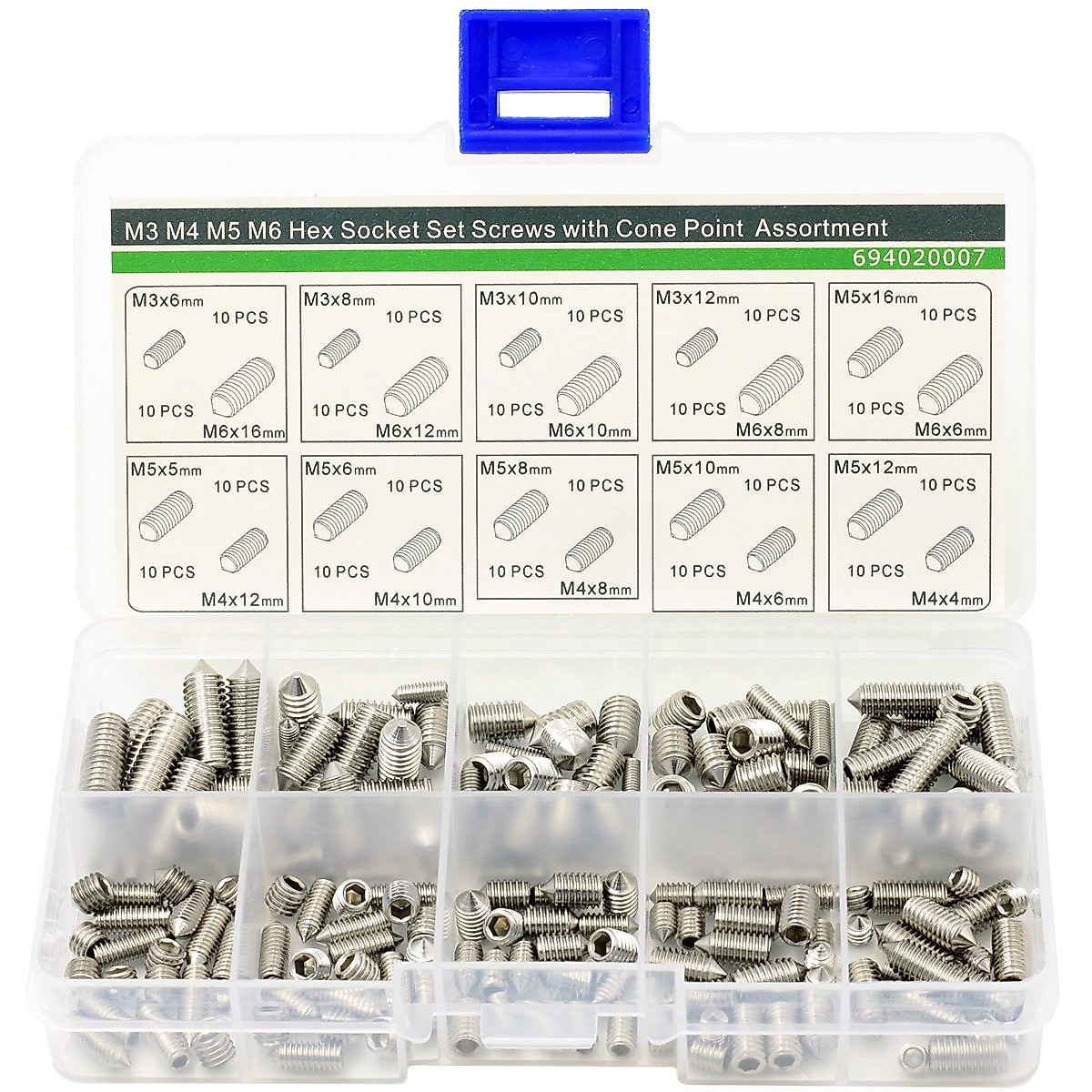 Hex Socket Set Screws with Cone Piont Assortment Kit,Stainless Steel,200 Pieces