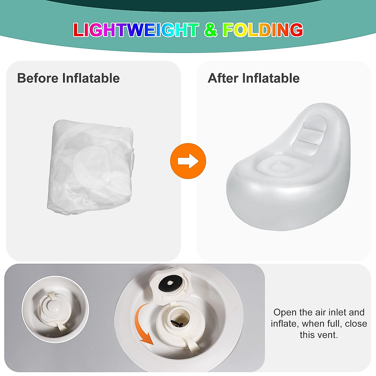 MIICASA LED Light Inflatable Chair, Blow Up Illuminated Air Sofa, Folding Lazy Sofa Furniture, Inflatable Lounge, Inflatable Couch Without Pump for Indoor Outdoor Camping, Party, Beach, Hiking, Yard